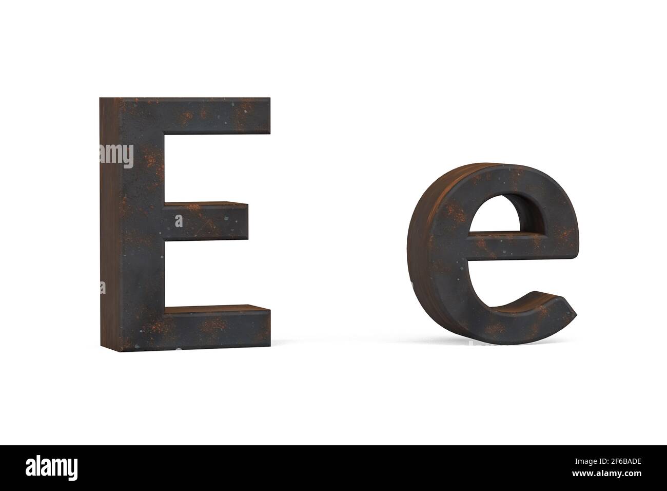 Rusty letter E - three dimensional uppercase and lowercase E on white ...