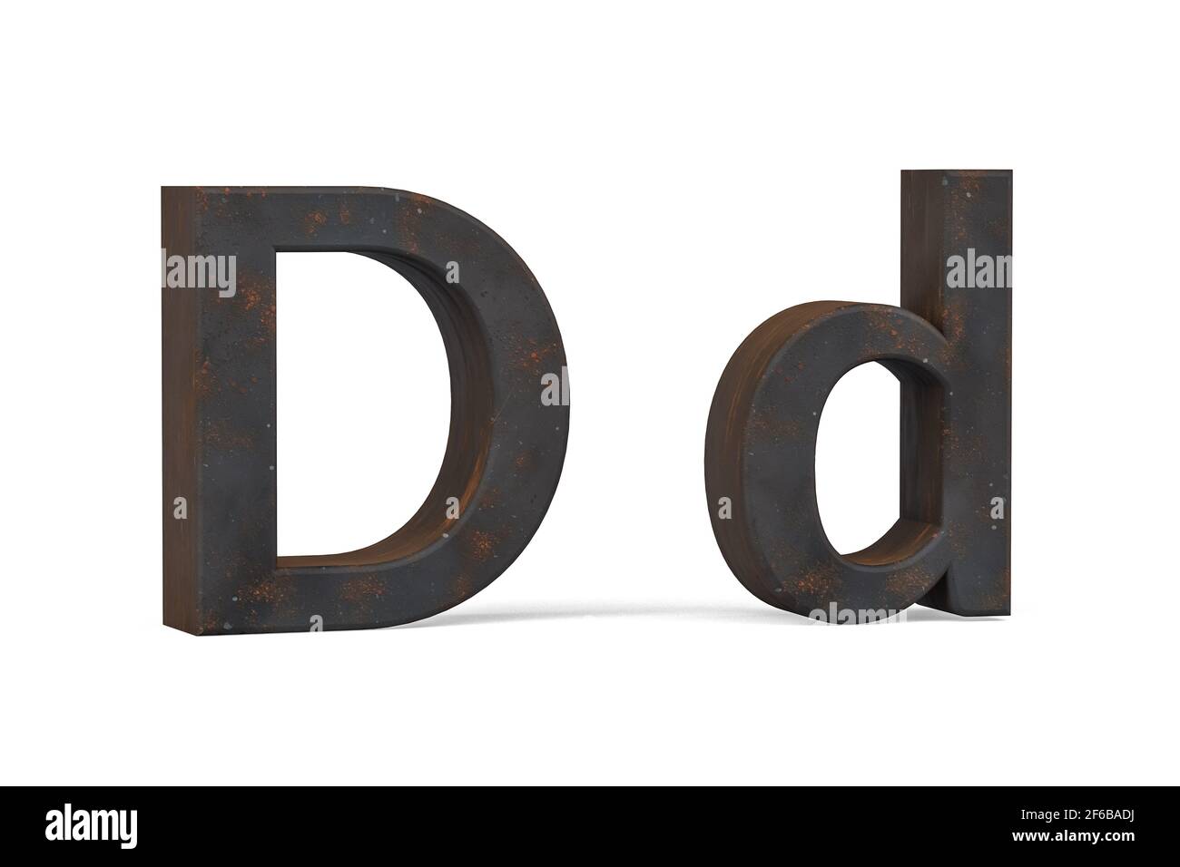 Rusty letter D - three dimensional uppercase and lowercase D on white ...