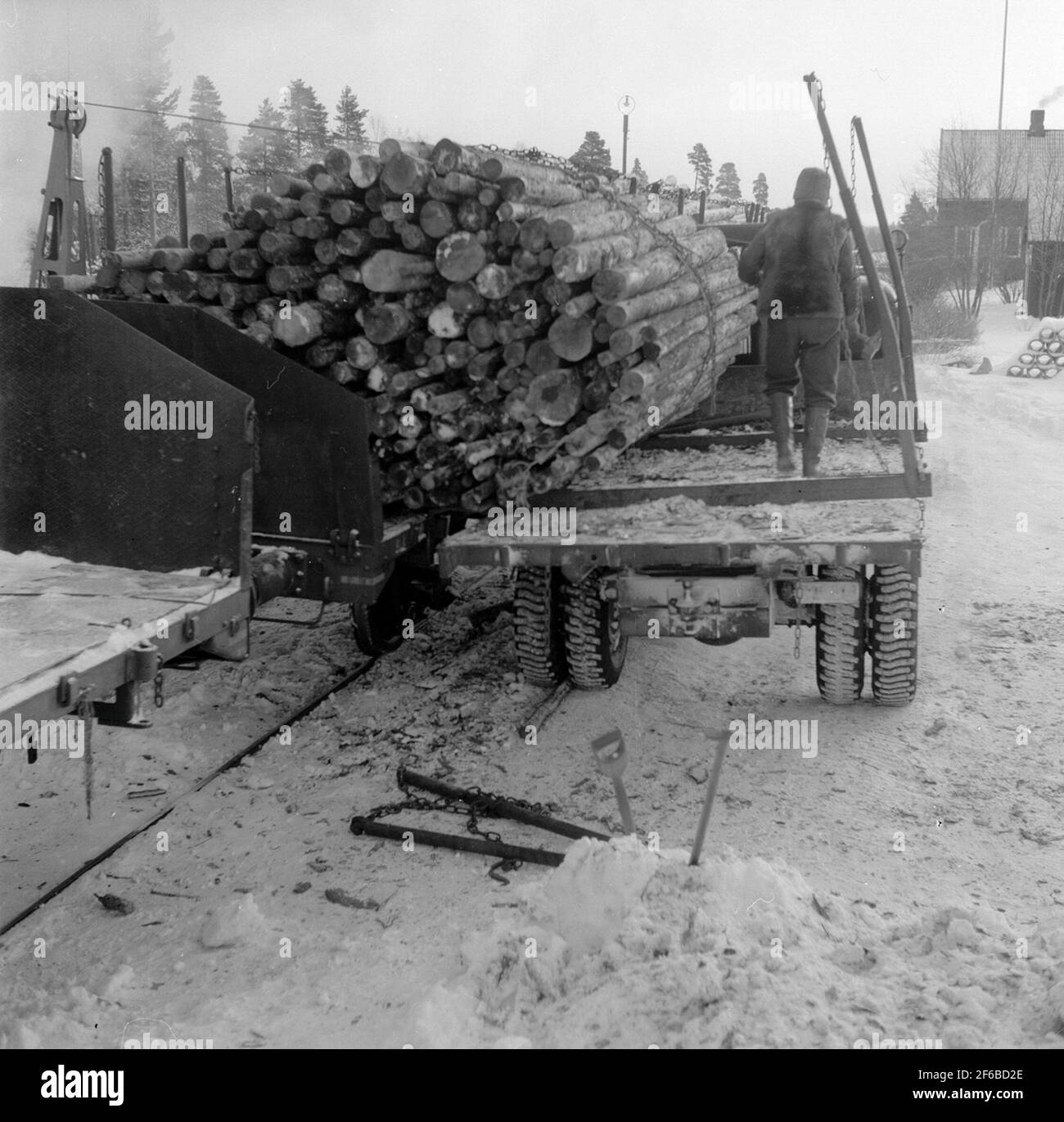 Loading timber from truck to freight wagon with Puller Timber Loader ...