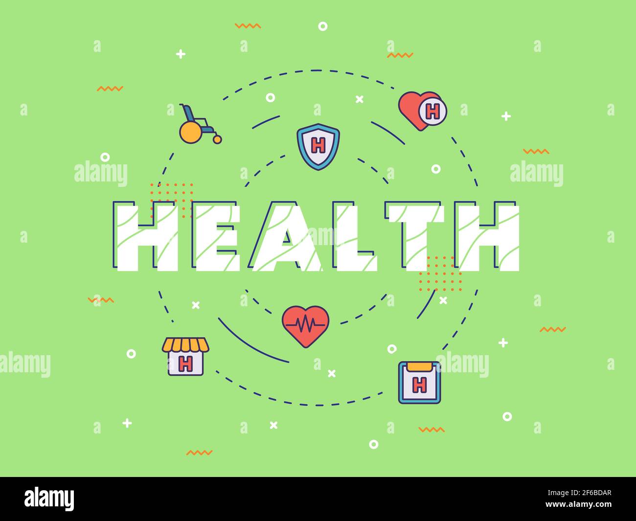 health typography around medical icon with outline style vector design ...