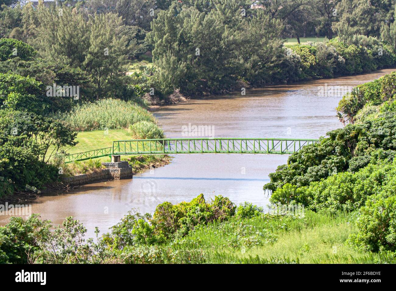 Green pedestrian bridge over river in leafy area Stock Photo - Alamy