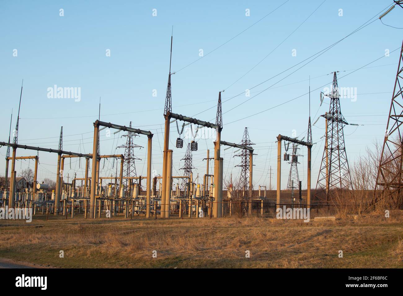 Power station. Electricity distribution station with power Stock Photo ...