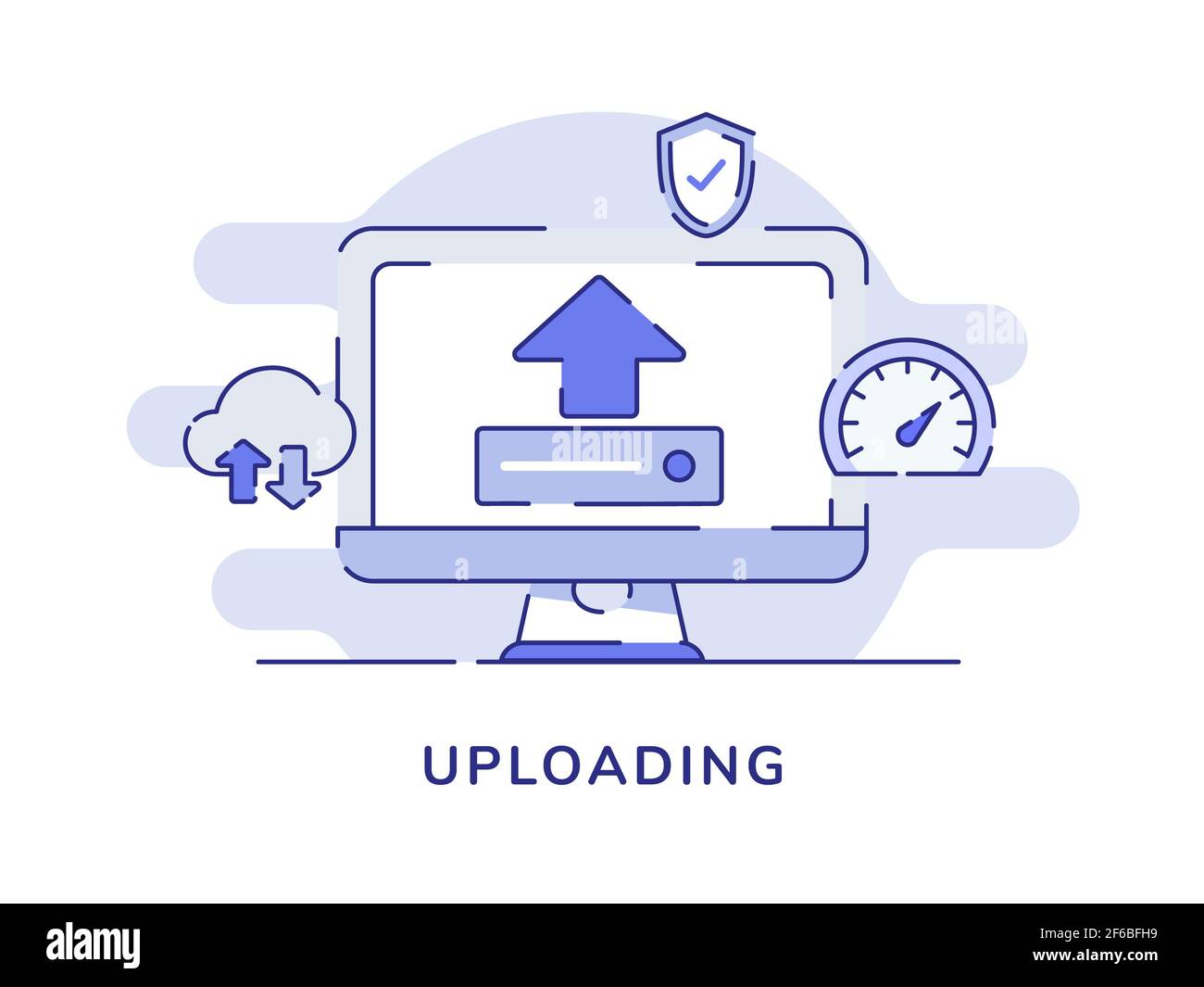 uploading concept arrow up on desktop screen white isolated background with dashed line style ...
