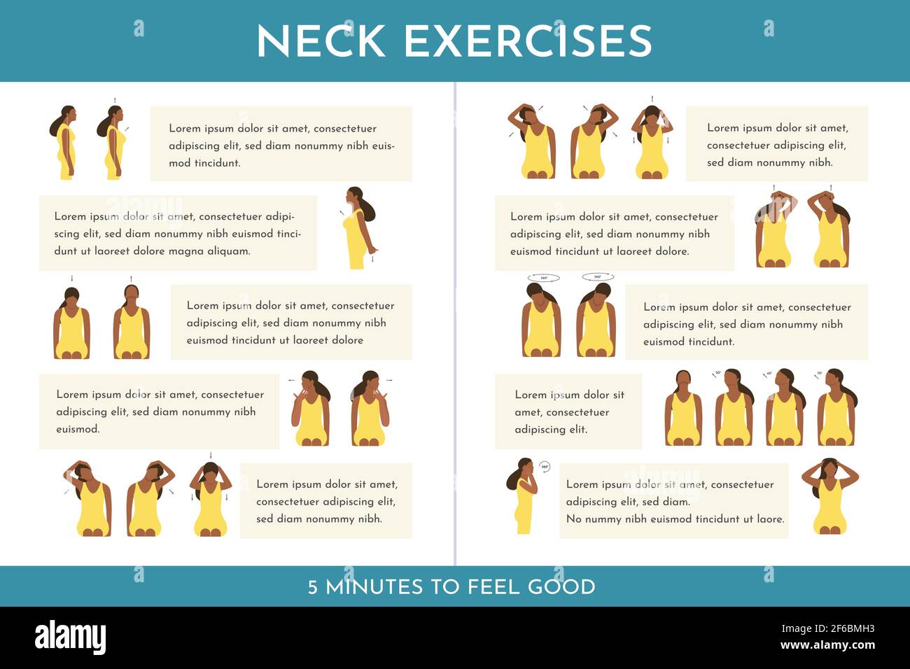 Vector colorful illustration set with neck exercises by girl with dark ...