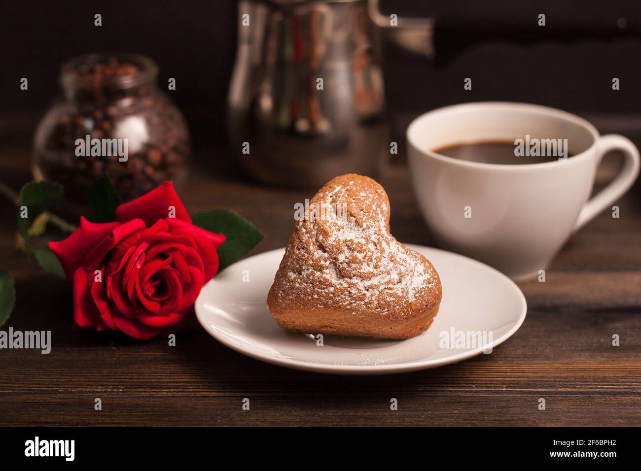 sweet biscuits coffee cup rose flower romance breakfast Stock Photo - Alamy