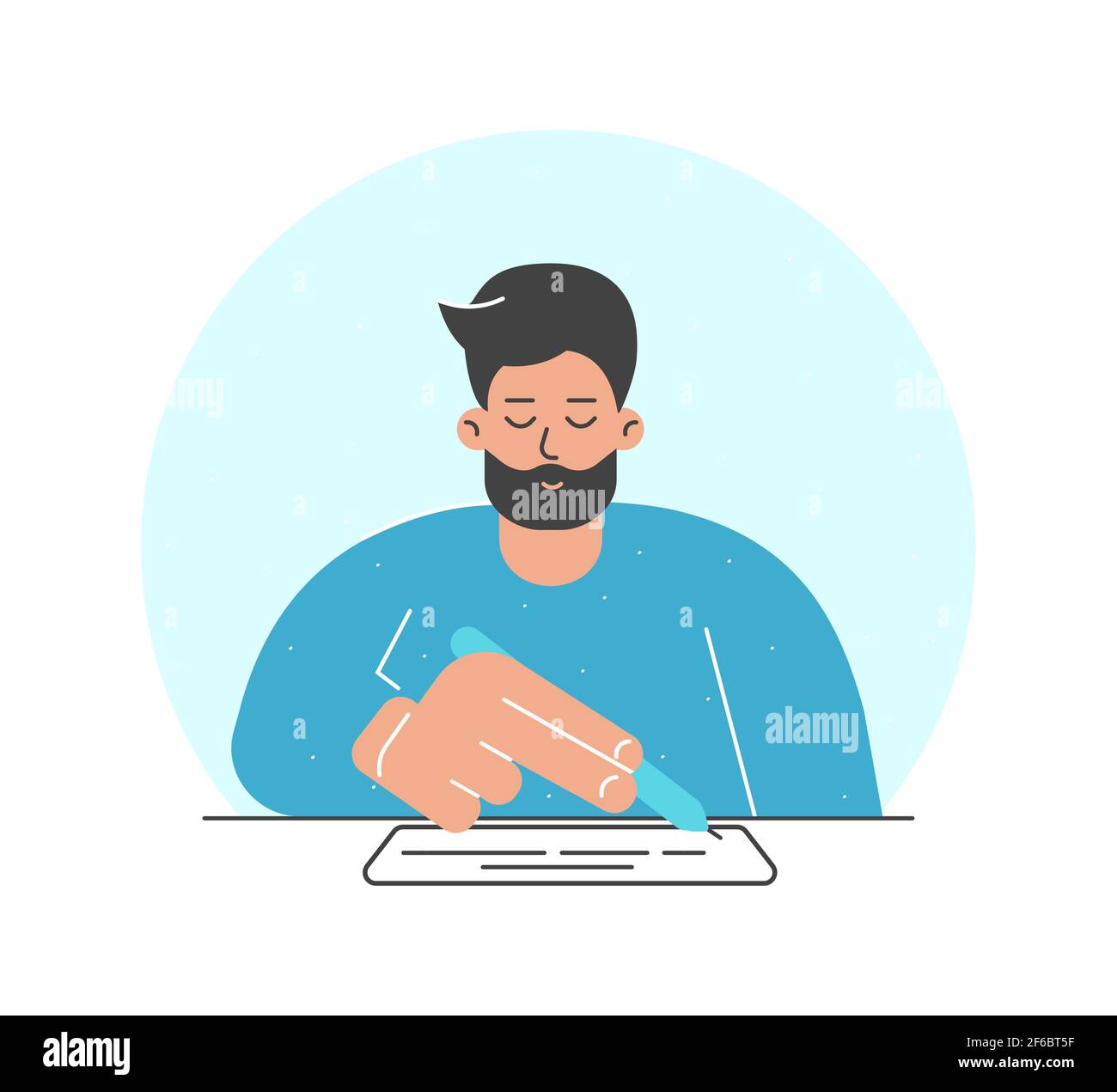 Vector illustration concept. Flat cartoon adult man sits at the table ...