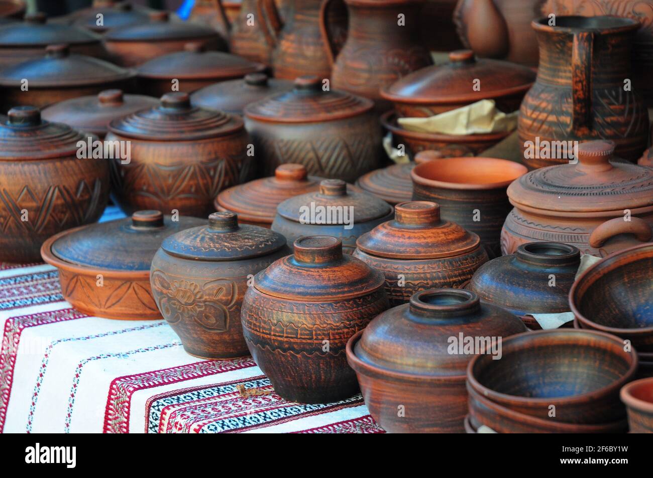 Traditional Ceramic Jugs on Decorative Towel. Showcase of Handmade ...