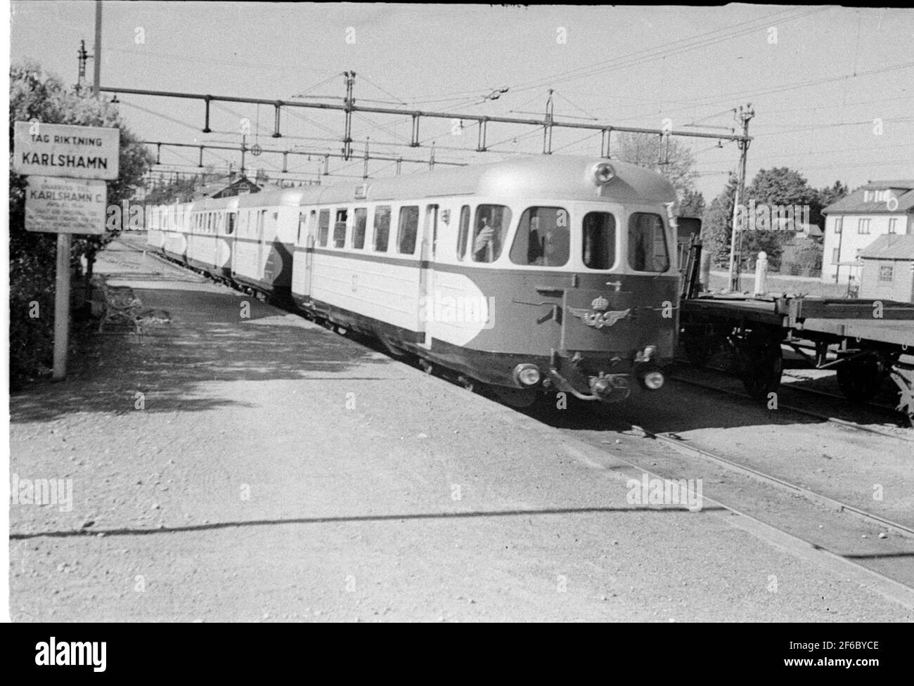 Rail bus SJ YC04T sign with the text train against Karlshamn Stock ...