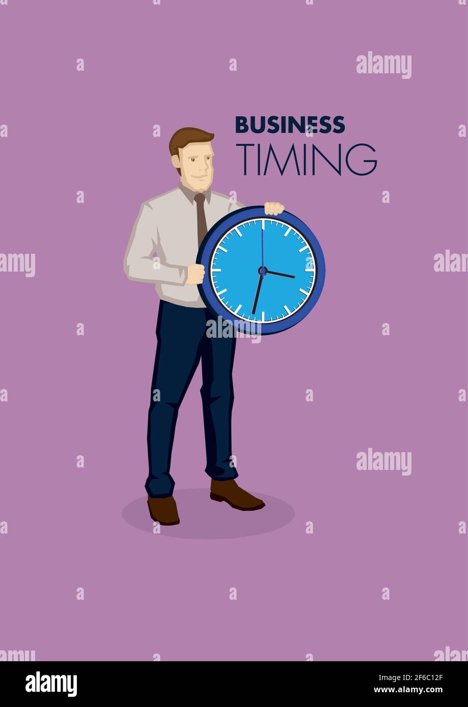 Cartoon businessman holding a clock with text business and timing ...