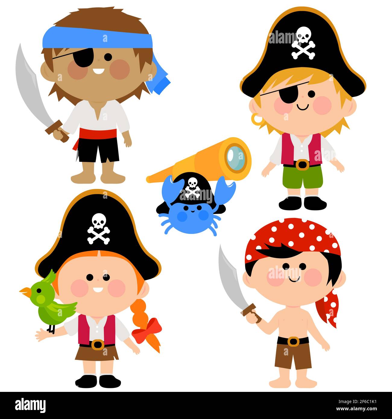 Happy boys and girls in pirate costumes with swords. Children pirates ...