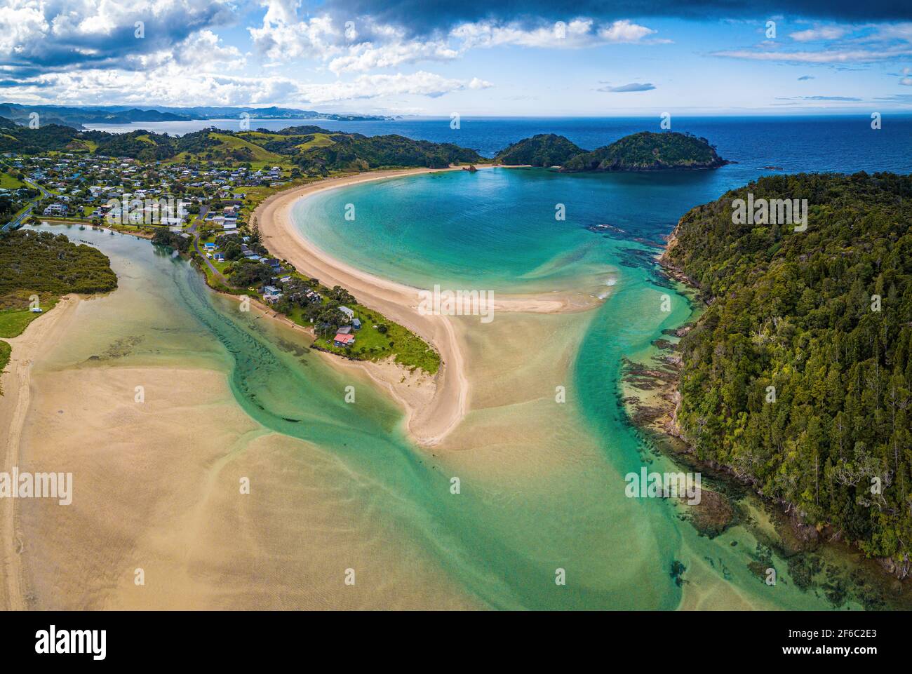 Drone view of amazing river estuary. Aerial view of New Zealand ...