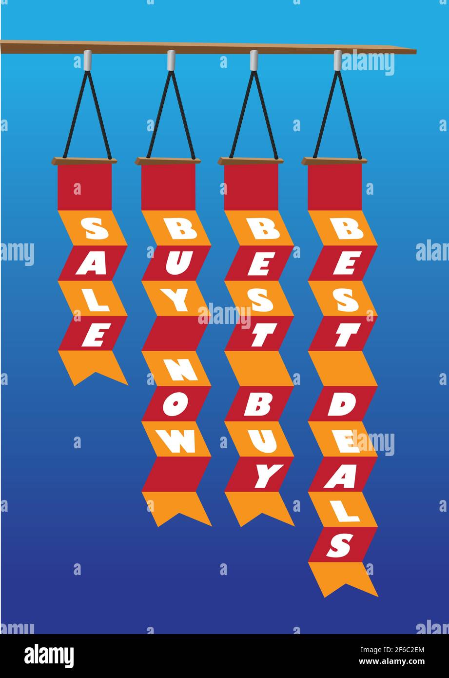 Sale flags with different sale messages hanging in the air. Vector ...
