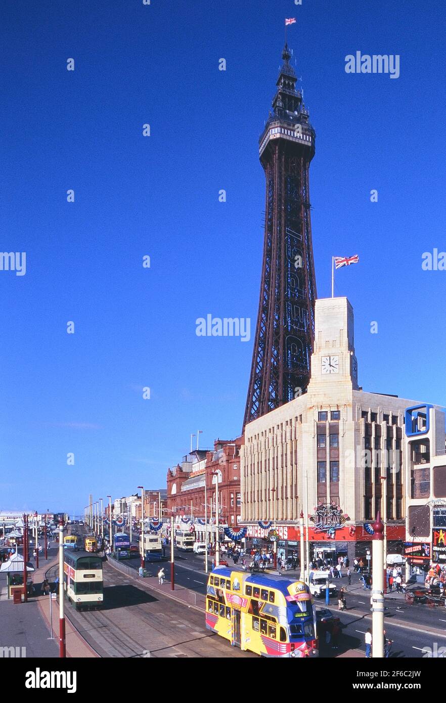 Blackpool tram 719 in "Walls Ice-cream" livery beside the Tower ...