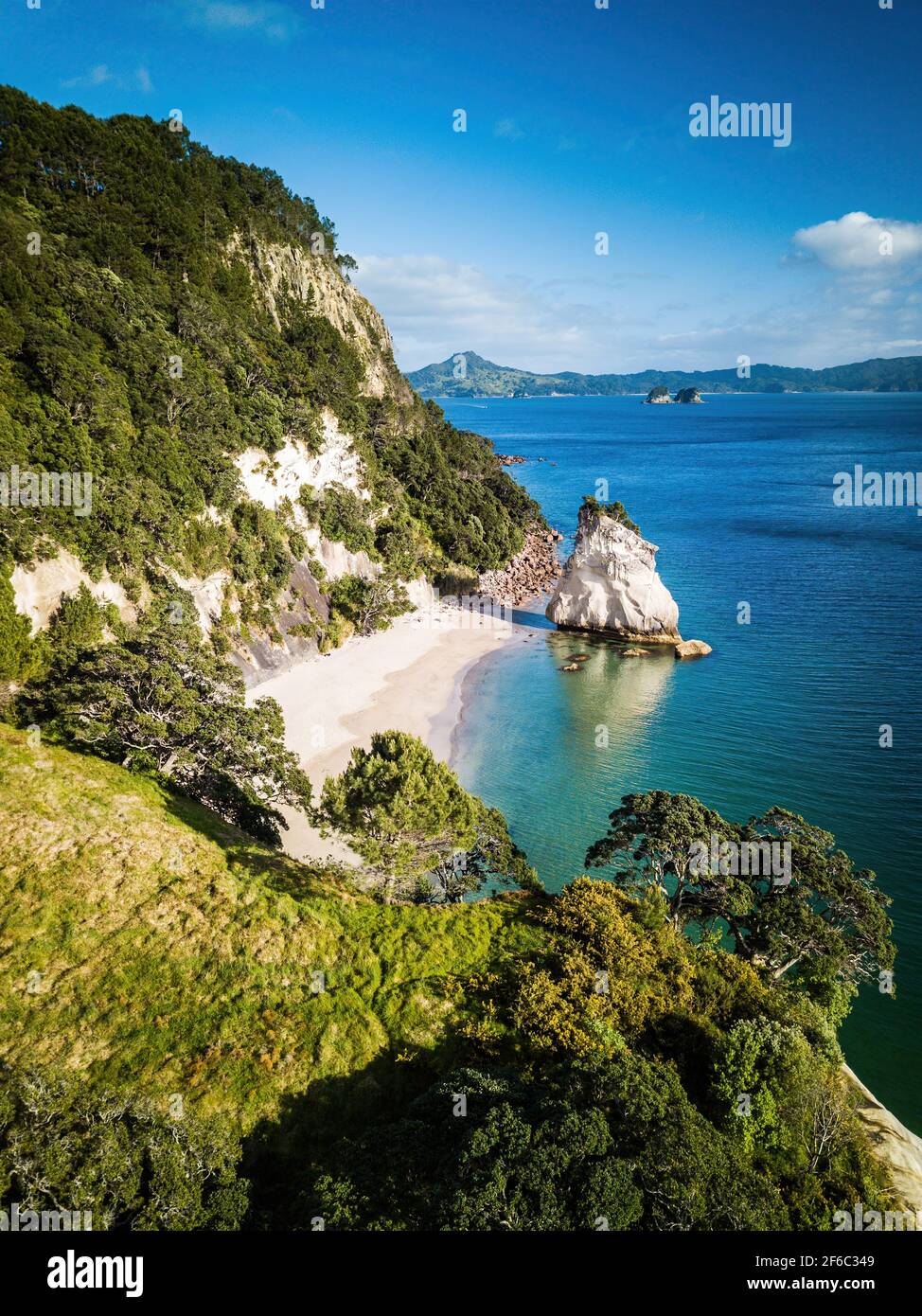 Rugged seacoast with high cliff and sandy beach. Aerial view of New ...
