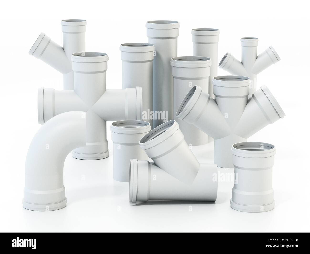 PVC water tube connection parts isolated on white background. 3D ...