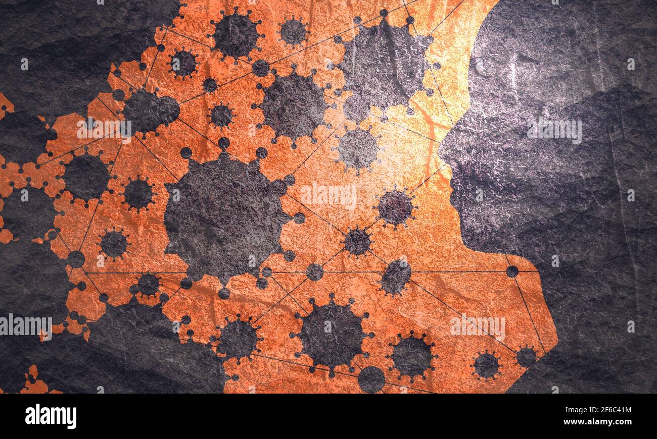 Silhouette of a man head and viruses. Health relative brochure, report ...