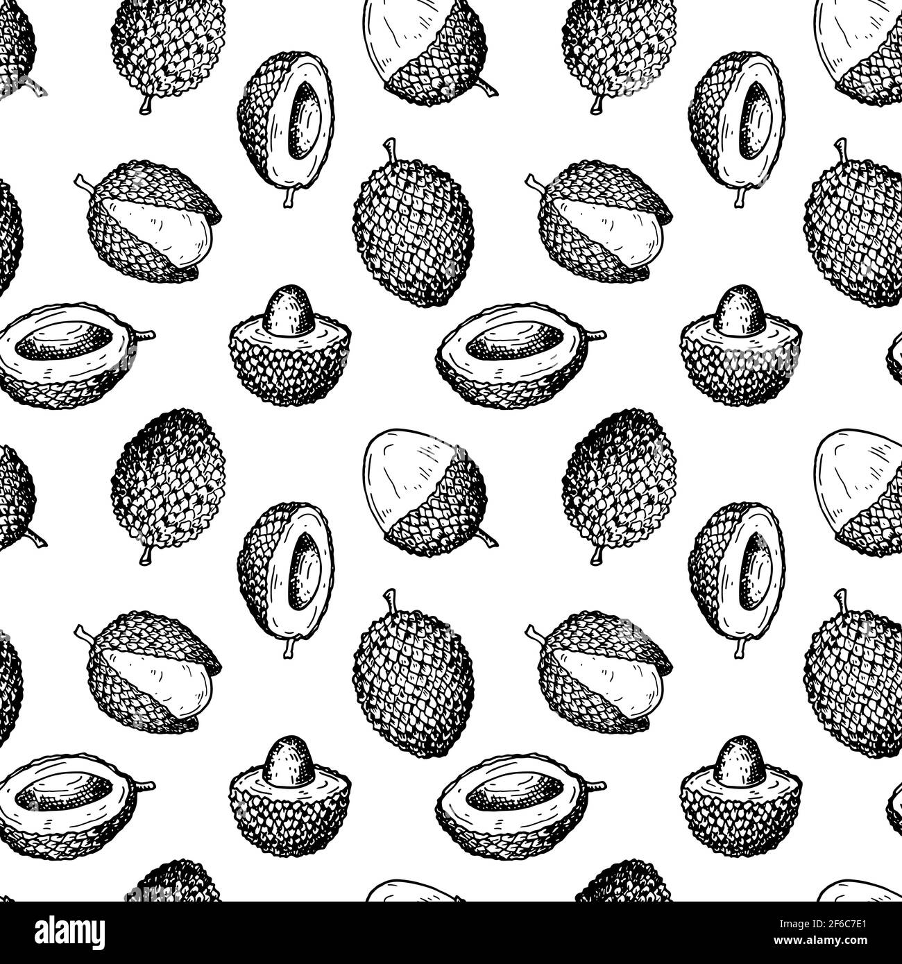 Hand drawn lychee fruit seamless pattern. Vector illustration in ...