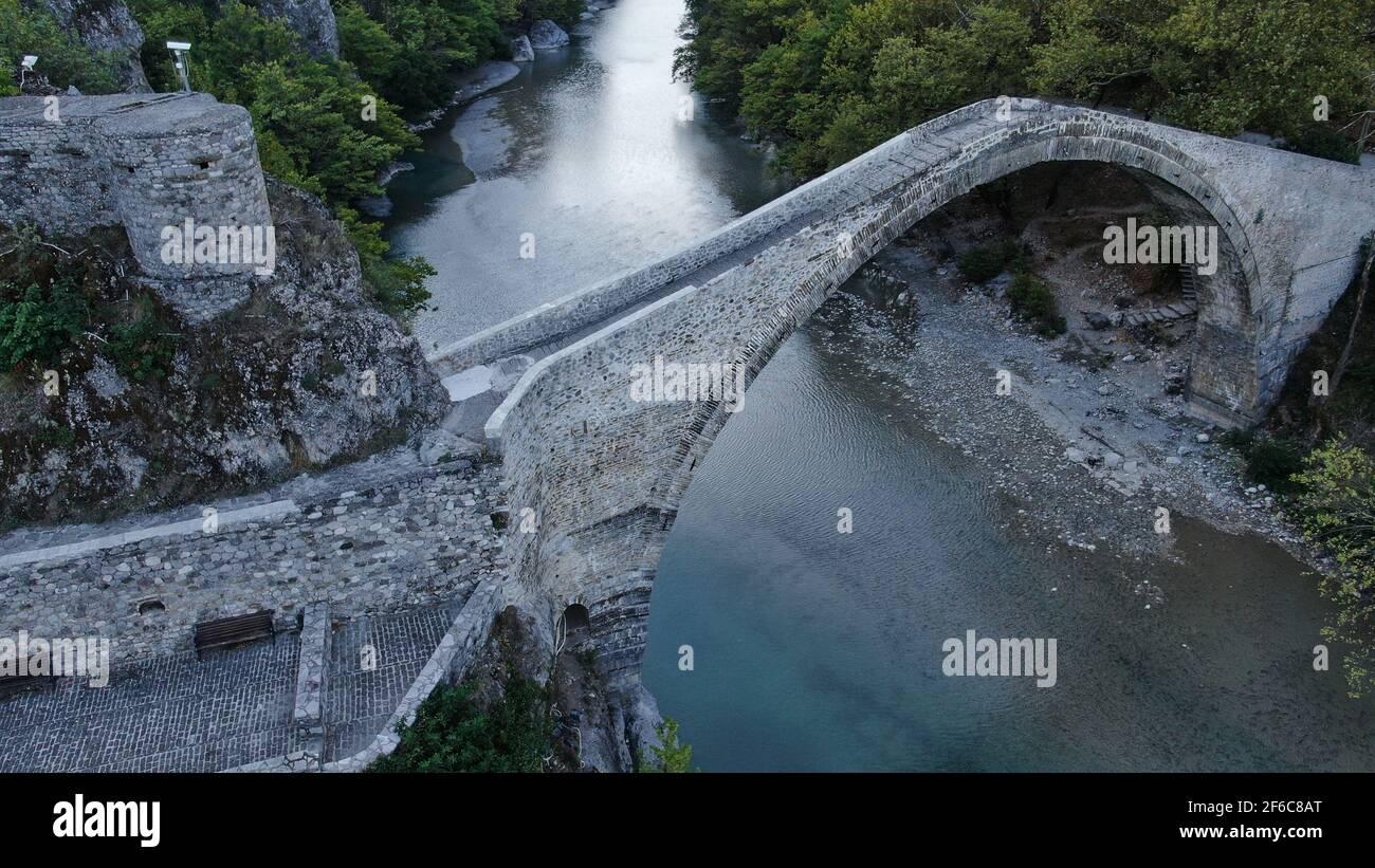 Old stone bridge of Konitsa, Aoos river, aerial drone view, Epirus ...