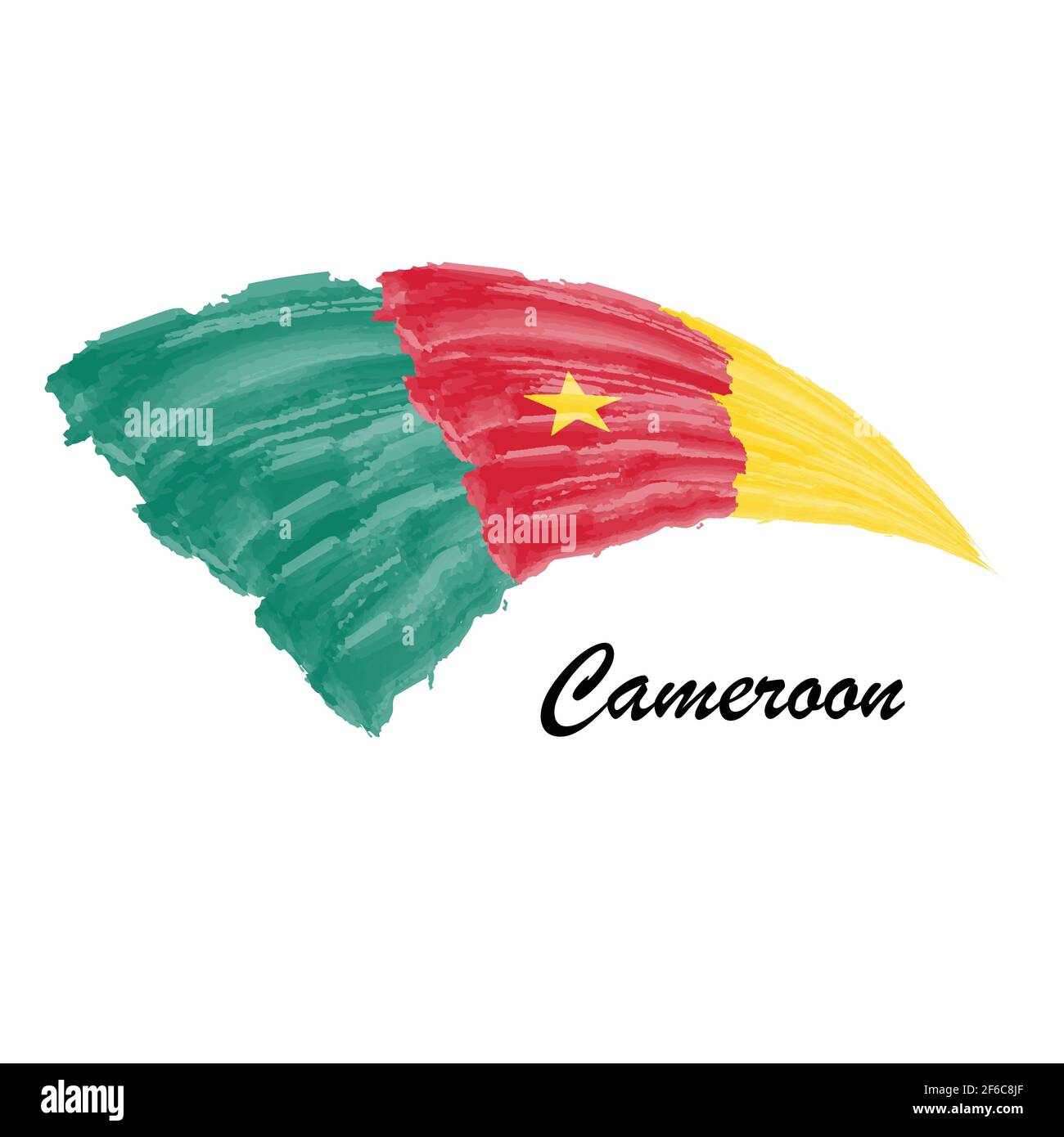 Watercolor painting flag of Cameroon. Hand drawing brush stroke ...