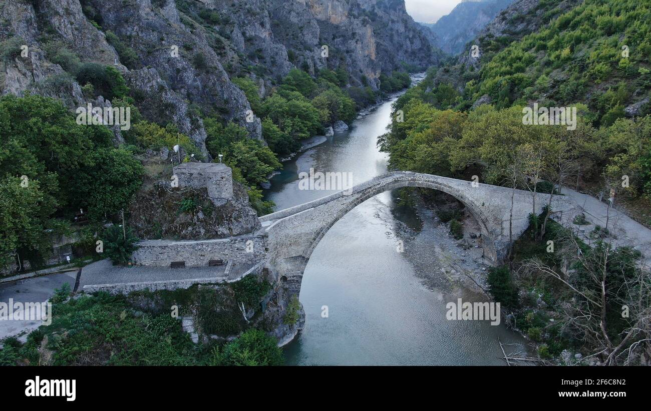 Old stone bridge of Konitsa, Aoos river, aerial drone view, Epirus ...