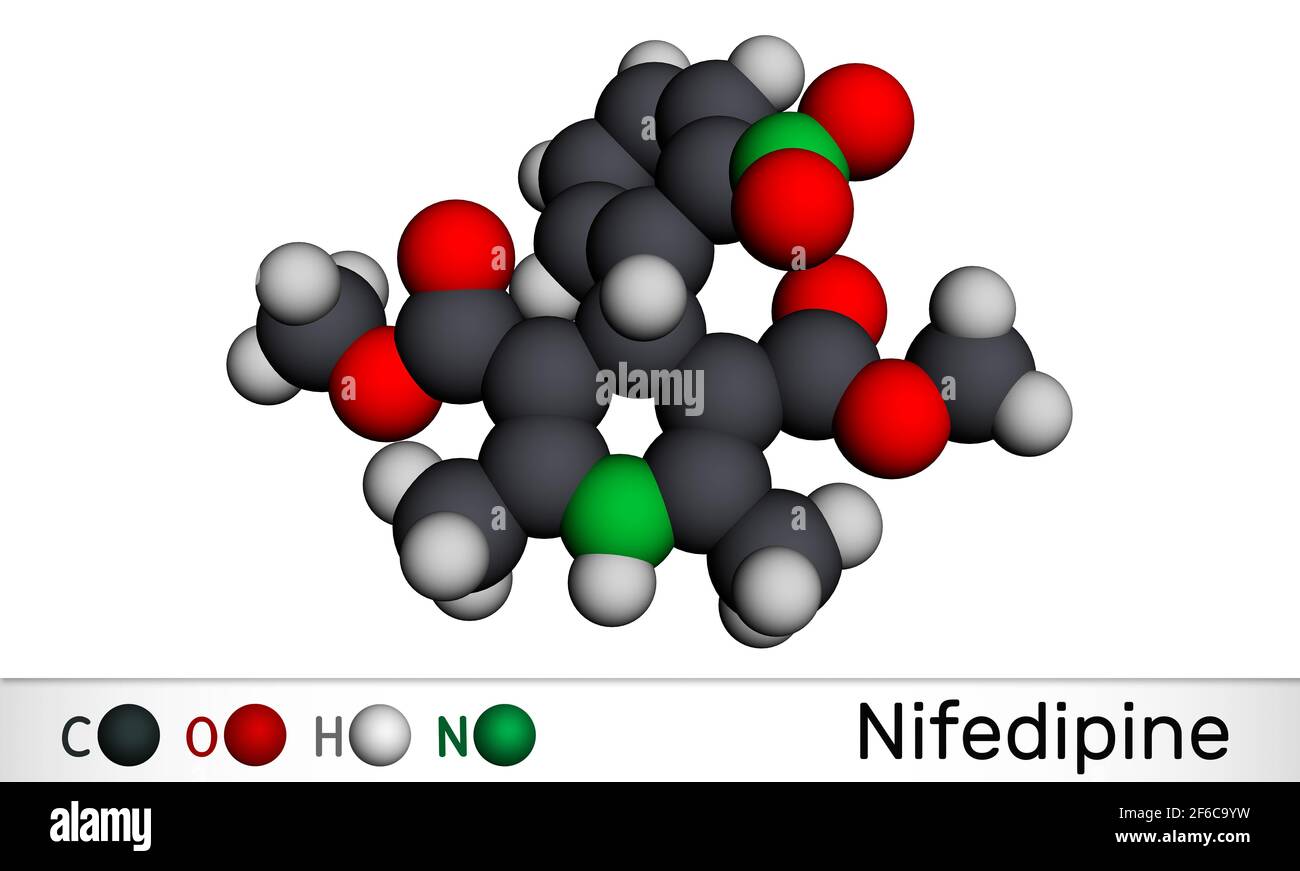 Nifedipine, molecule. It is dihydropyridine calcium channel blocking ...