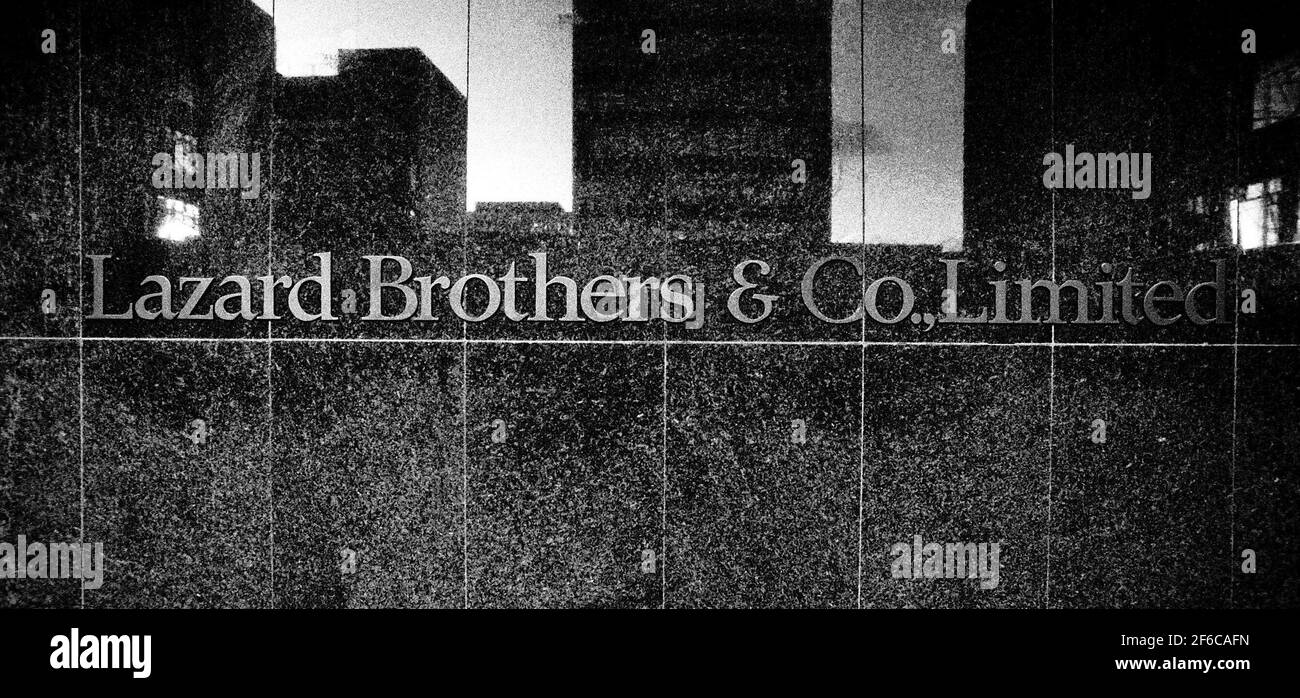 The nameplate of Lazard Brothers and Co Ltd at 21 Moorfields EC1 Dbase ...