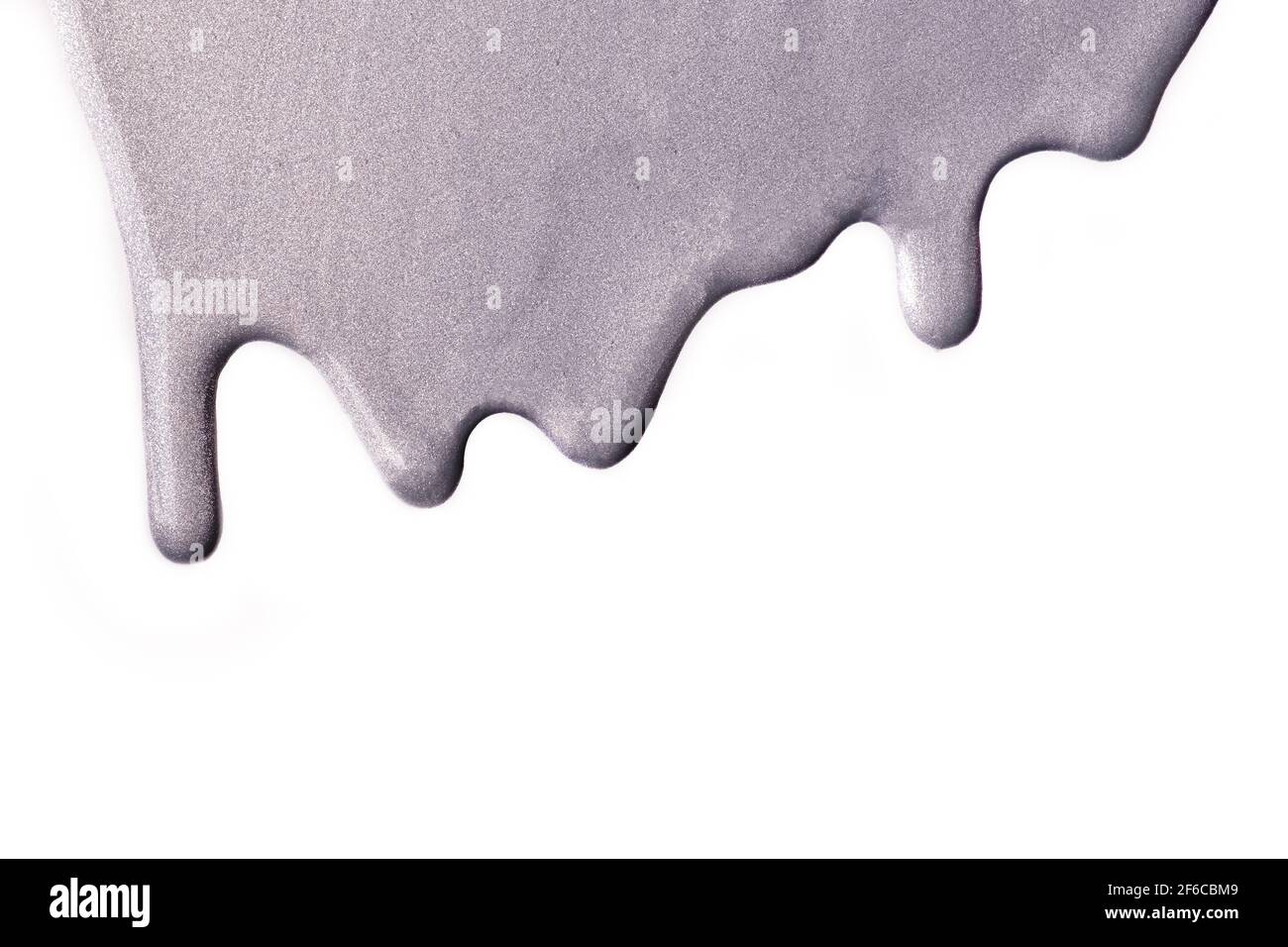 Light gray liquid drops of paint color flow down on isolated white ...