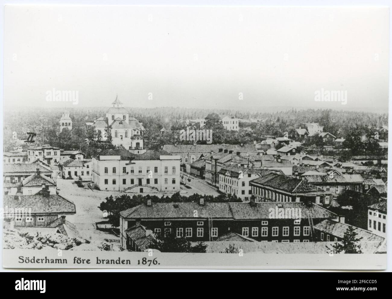 Söderhamn before the fire in 1876. The town hall in and the old banan ...