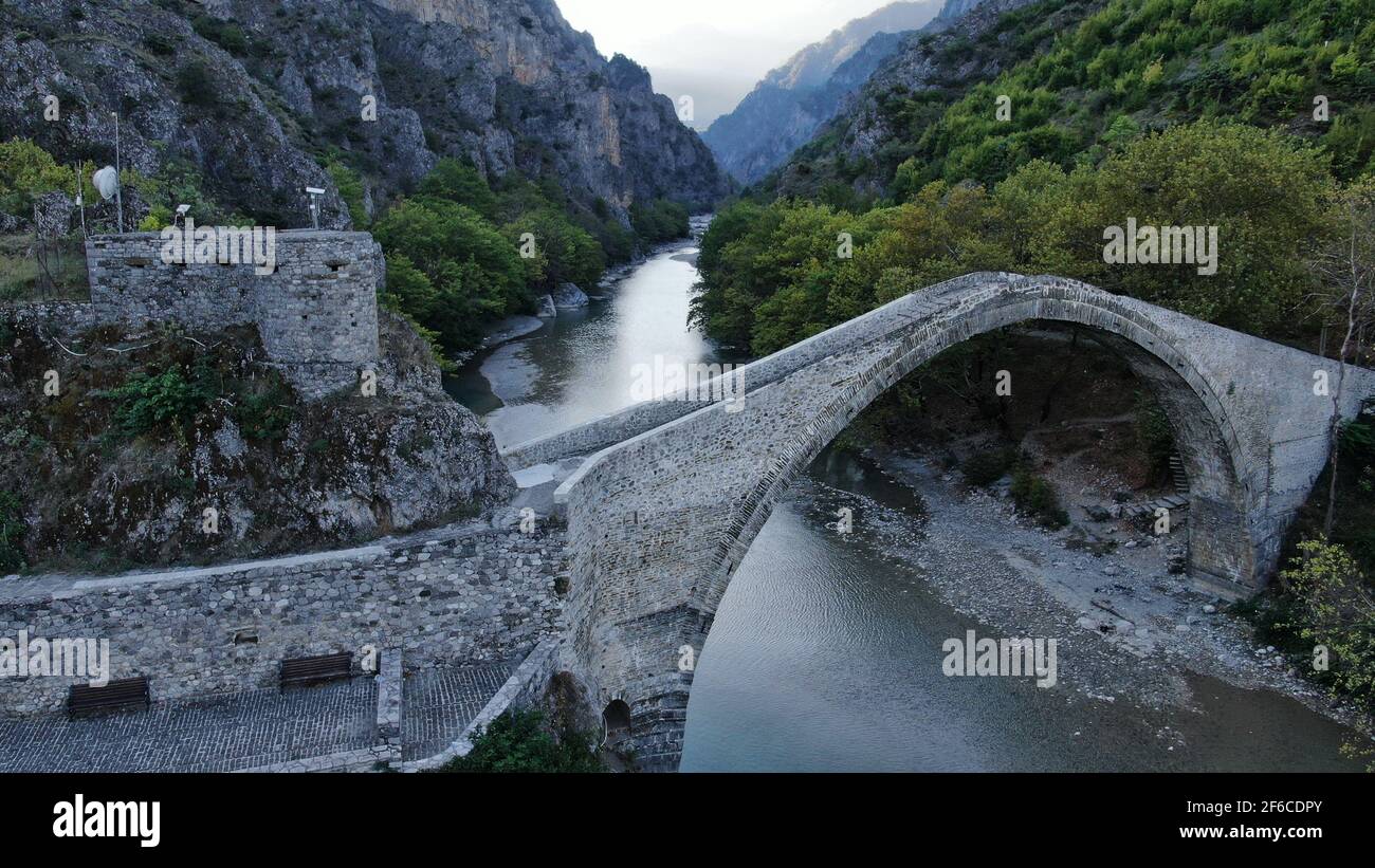 Old stone bridge of Konitsa, Aoos river, aerial drone view, Epirus ...