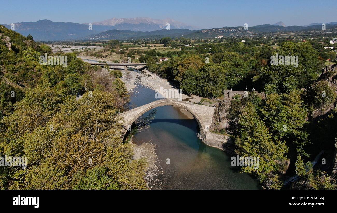 Old stone bridge of Konitsa, Aoos river, aerial drone view, Epirus ...
