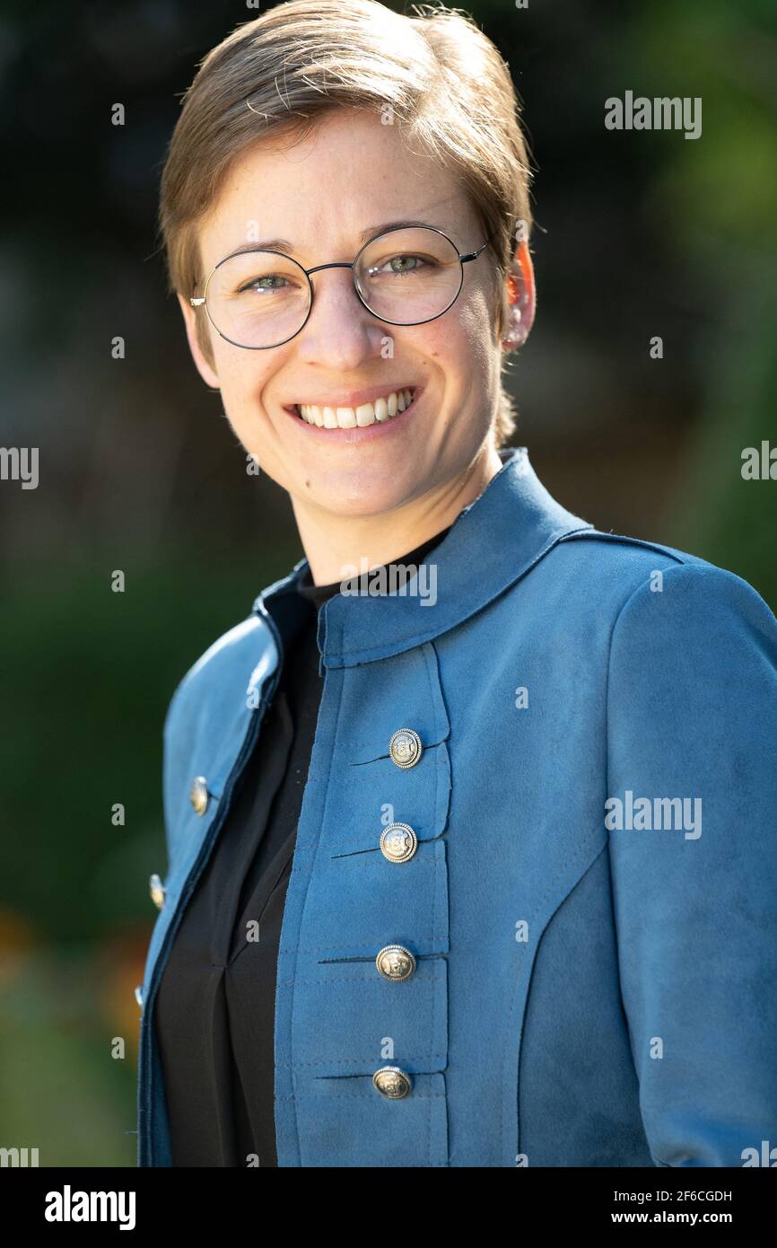 Deputy of the group Agir Ensemble, Lise Magnier poses in the garden of ...