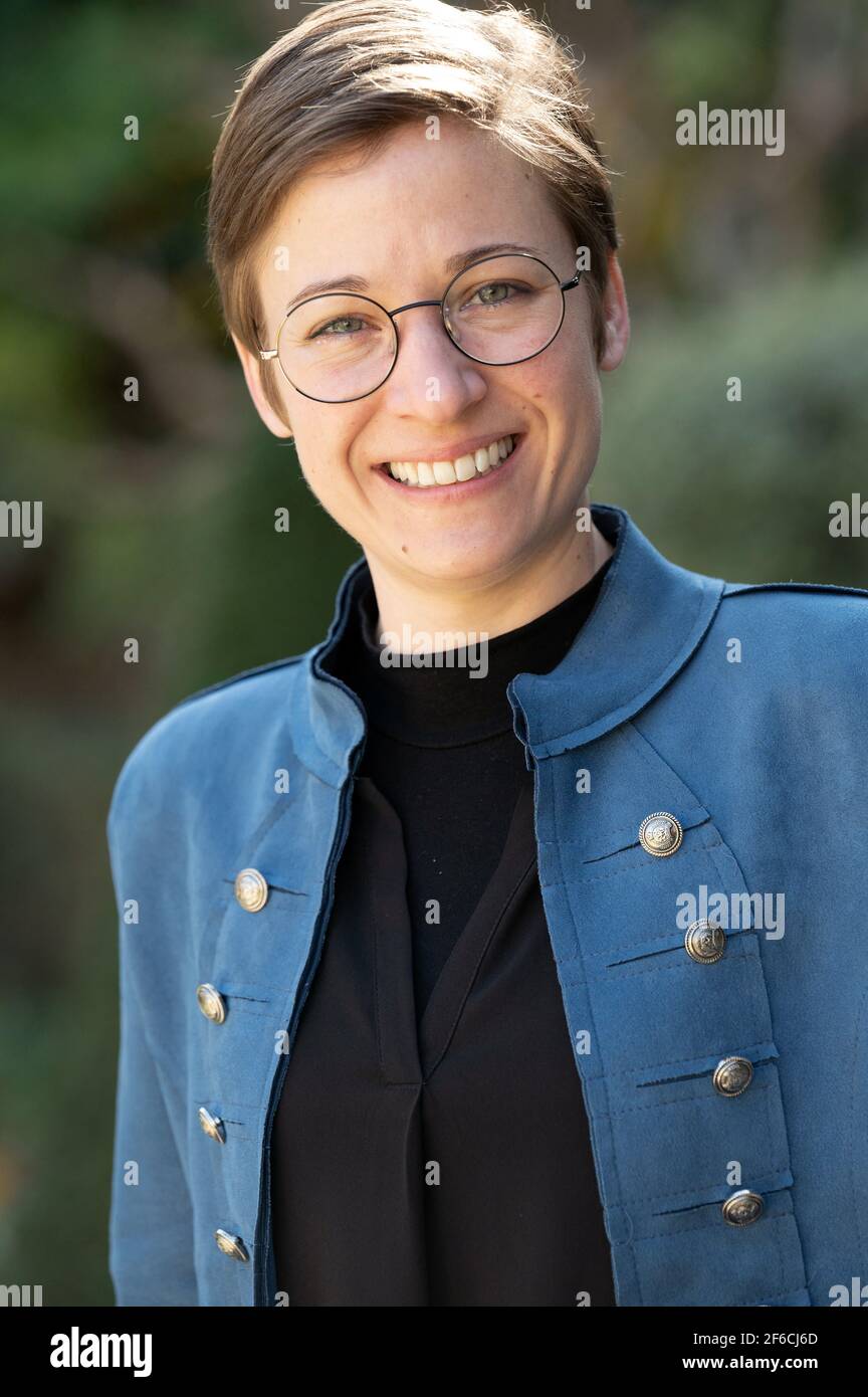Deputy of the group Agir Ensemble, Lise Magnier poses in the garden of ...