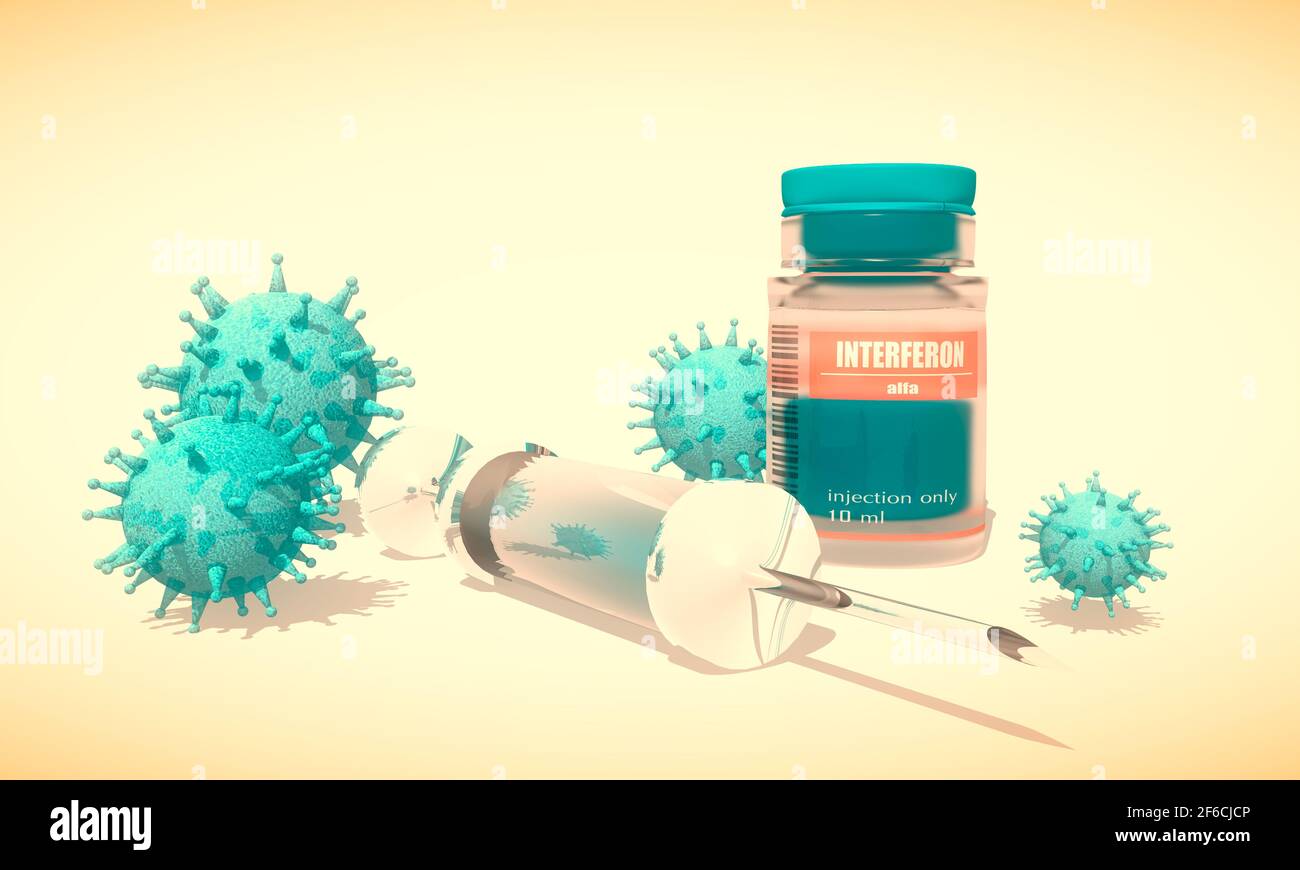 Medicine vial, viruses and syringe. Bottle label with interfeeron alfa ...