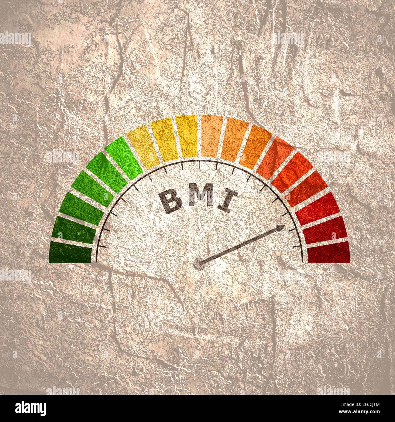 Body mass index meter read high level result. Color scale with arrow ...