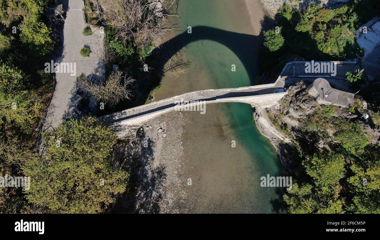 Old stone bridge of Konitsa, Aoos river, aerial drone view, Epirus ...