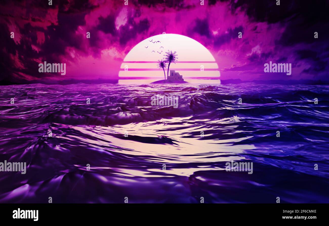Remote island in a retro fantasy 3D illustration style Stock Photo - Alamy
