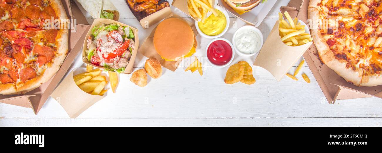 Delivery fastfood ordering food online concept. Large set of assorted ...