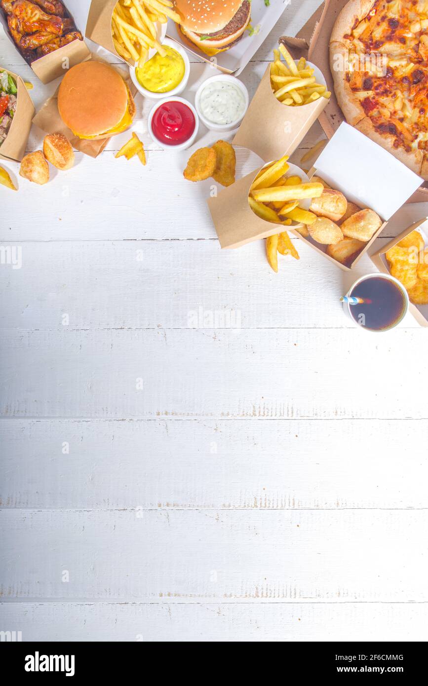 Delivery fastfood ordering food online concept. Large set of assorted ...