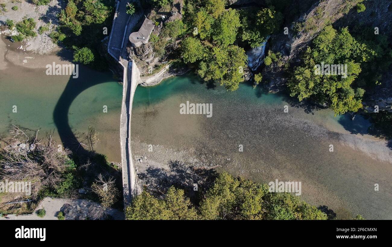 Old stone bridge of Konitsa, Aoos river, aerial drone view, Epirus ...
