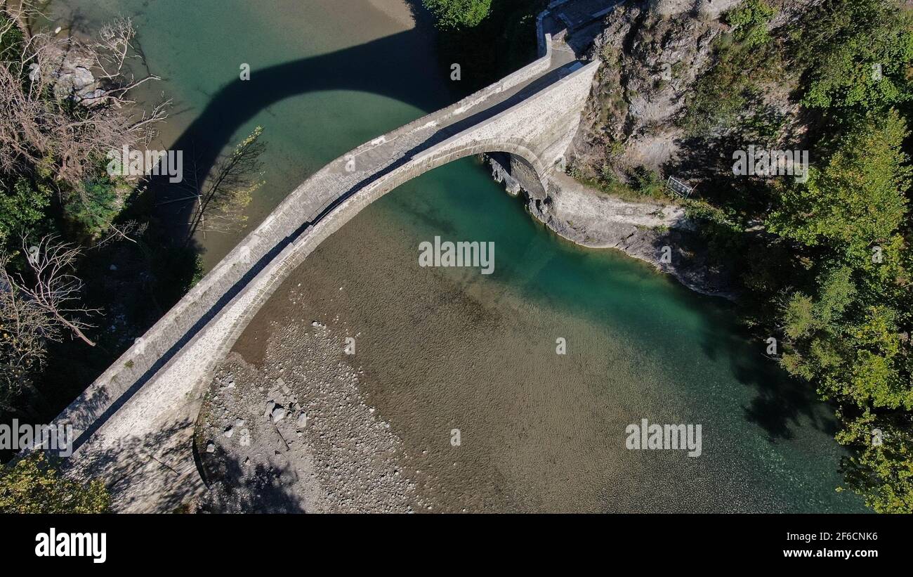 Old stone bridge of Konitsa, Aoos river, aerial drone view, Epirus ...
