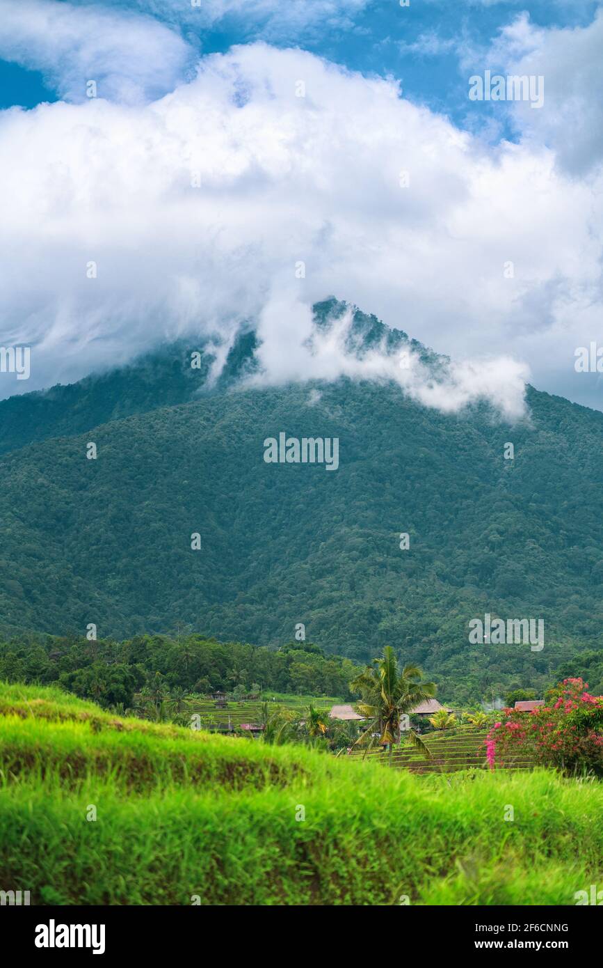 Cloudy sky and mountain. Bali, Indonesia. Vertical orientation Stock ...