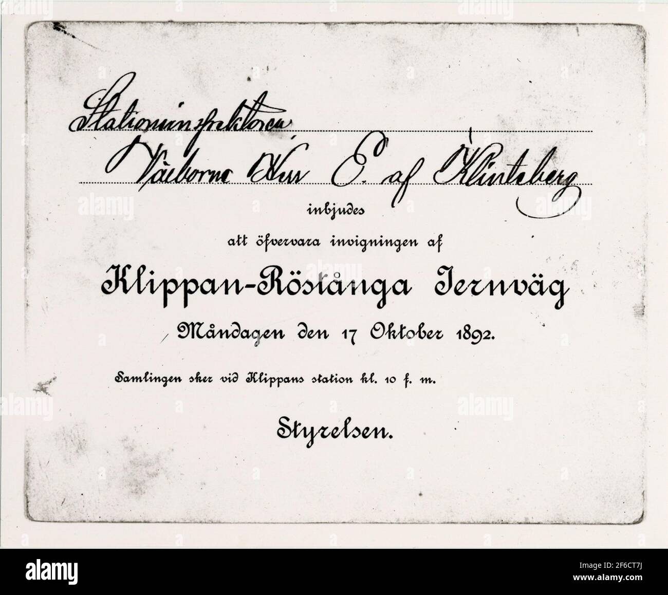 Invitation card to Klippan-voting railway inauguration Stock Photo - Alamy