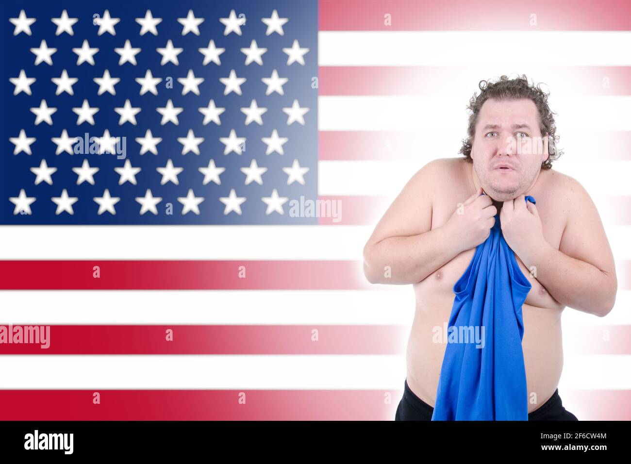 Funny fat guy. Fitness and healthy lifestyle. White background Stock ...