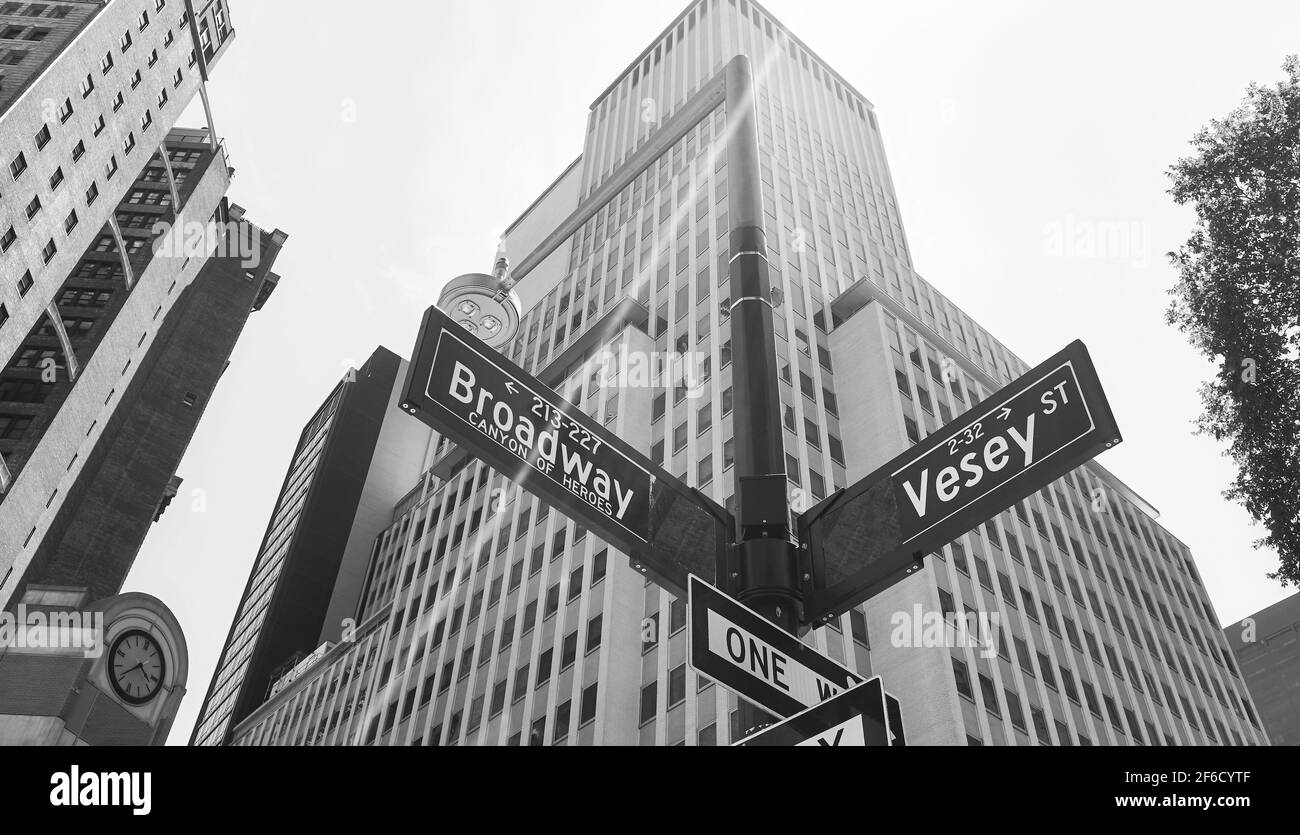 Broadway and Vesey Street signs on a lamp post with lens flare, New ...