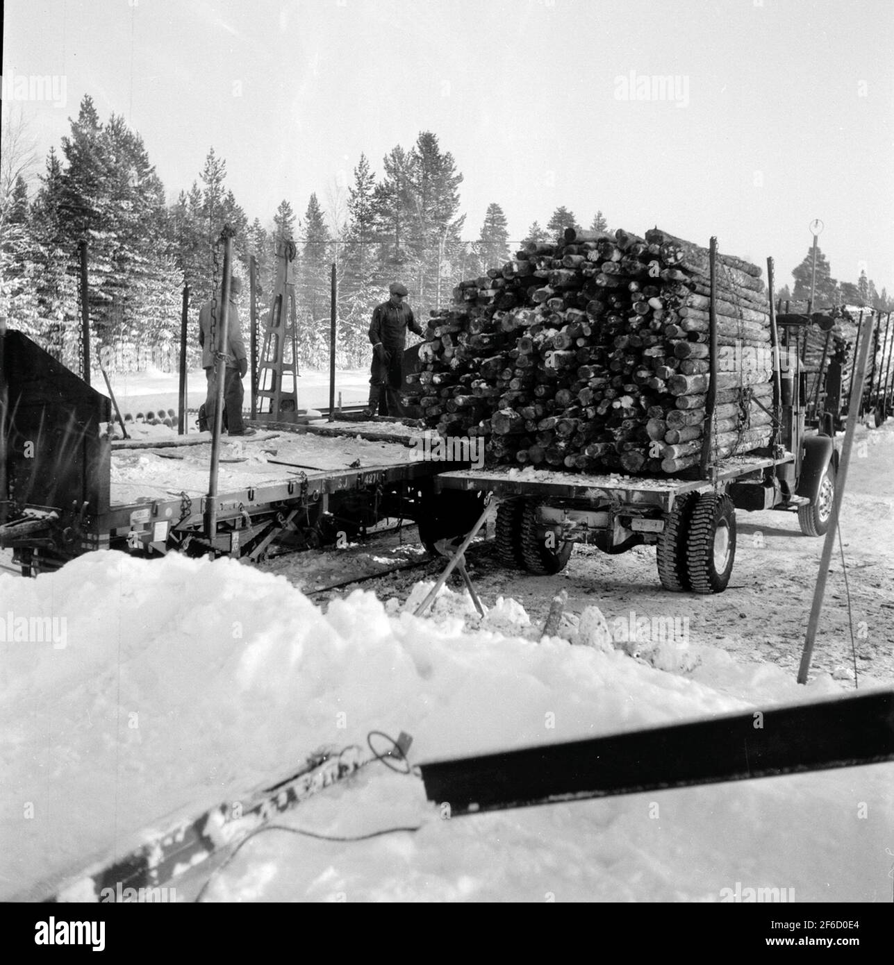 Loading timber from truck to freight wagon with Puller Timber Loader ...