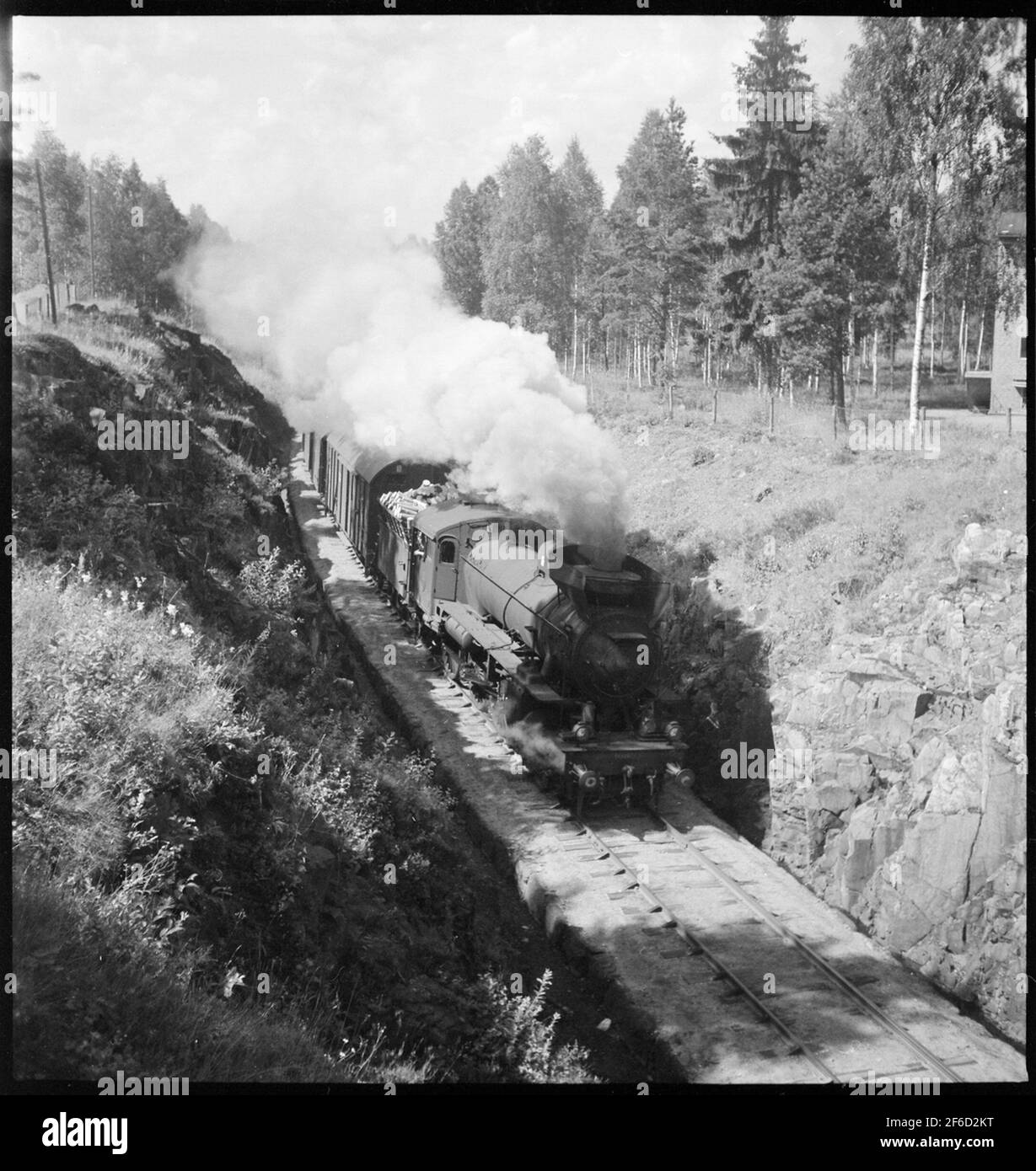 Wood-fired steam locomotive with freight trains on the line Stock Photo ...