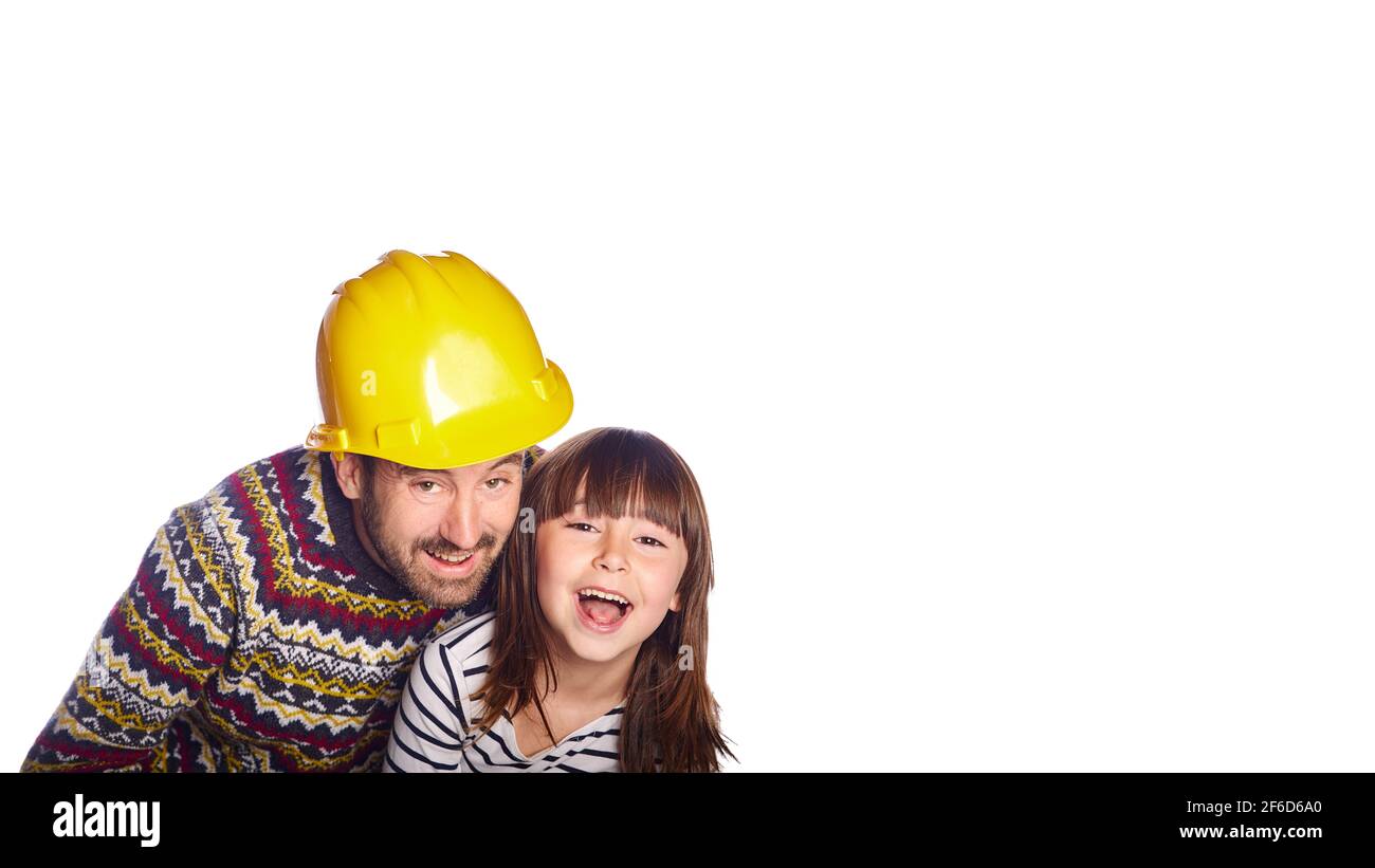 engineer father and daugther happy and smiling with very big empty ...