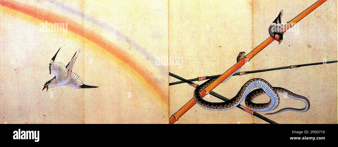 Katsushika Hokusai 葛飾北斎- Snake Curling Around Bamboo Stalk with Sparrow ...