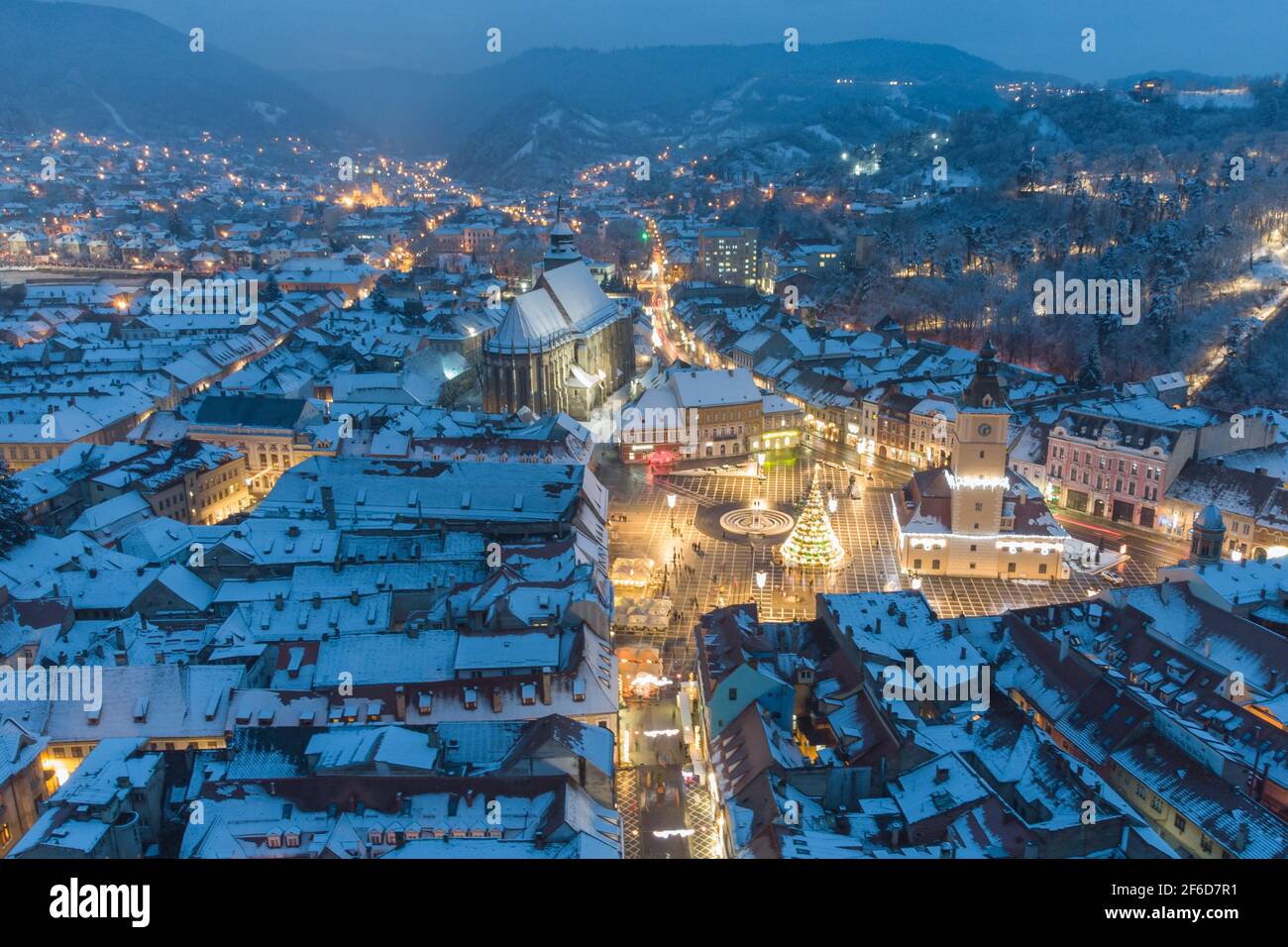 Aerial winter view of Brasov city, at blue hour Stock Photo - Alamy