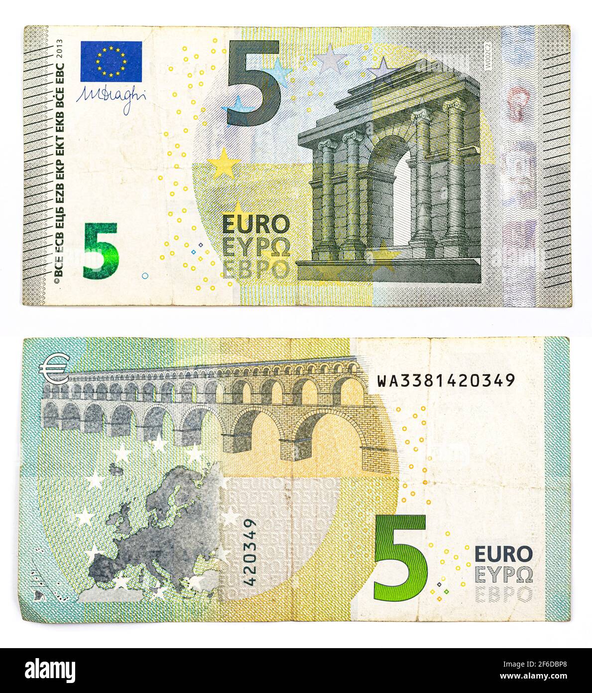 Five euro money bill close up view of two sides on isolated white ...